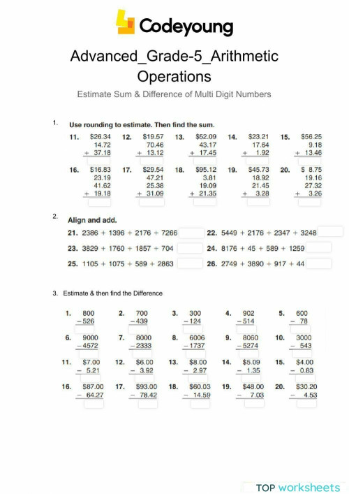 Advanced-Estimate Sum of Multi Digit Numbers. Interactive worksheet ...