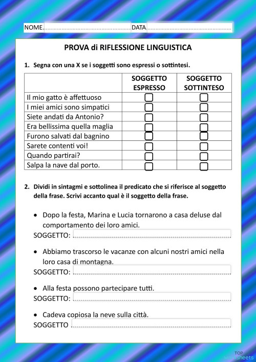 PROVA DI ANALISI LOGICA. Scheda interattiva | TopWorksheets