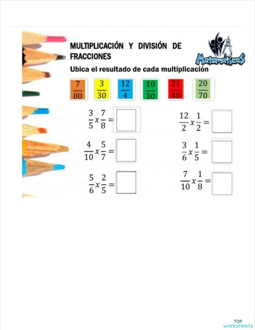 MULTIPLICACION DE FRACCIONES. Ficha interactiva | TopWorksheets