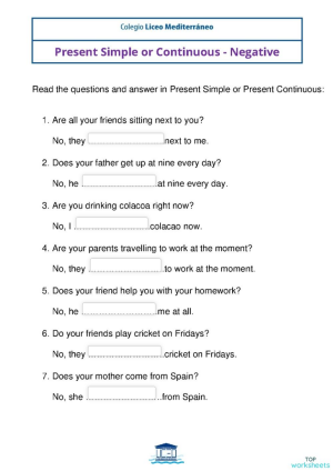 Present simple and continuous negative. Interactive worksheet | TopWorksheets