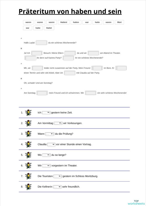 Präteritum sein/haben. Interaktives Arbeitsblatt | TopWorksheets