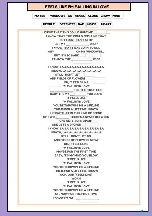 Feels like I'm Falling in Love. Interactive worksheet | TopWorksheets