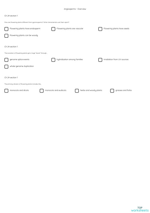 Angiosperms - Overview. Interactive worksheet | TopWorksheets