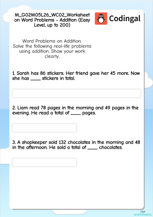 M_G02M05L26_WC02_Worksheet on Word Problems - Addition (Easy Level, up to 200). Interactive ...