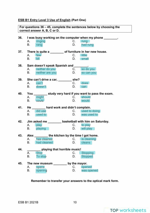 ESB B1 2021B USE OF ENGLISH. Interactive worksheet | TopWorksheets