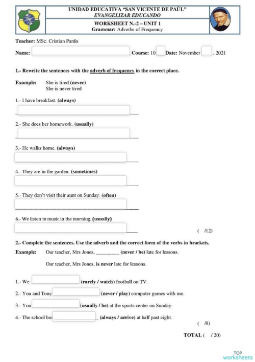 10ths - UNIT 1: Worsheet 1 - adverbs of frequency. Interactive ...