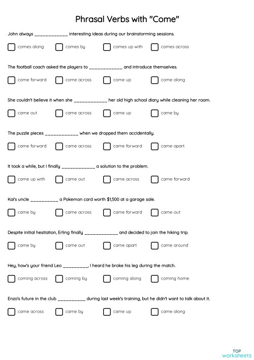 Phrasal Verbs with "Come". Ficha interactiva | TopWorksheets