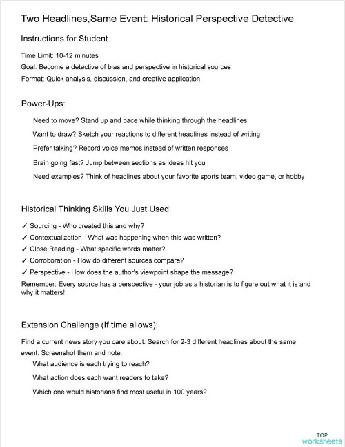 Two Headline, Same Event. Interactive worksheet | TopWorksheets