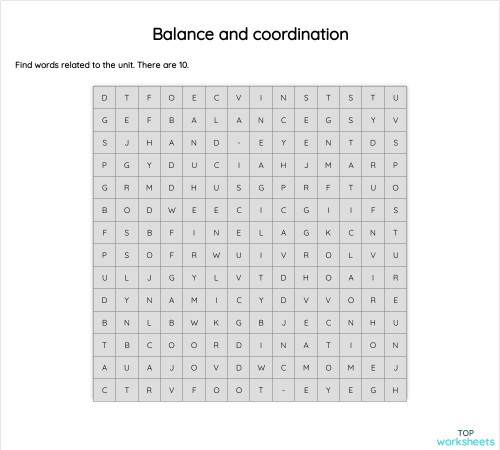Balance and coordination word search. Interactive worksheet | TopWorksheets
