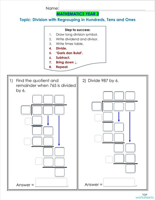 Division with Regrouping in Hundreds, Tens and Ones. Interactive ...