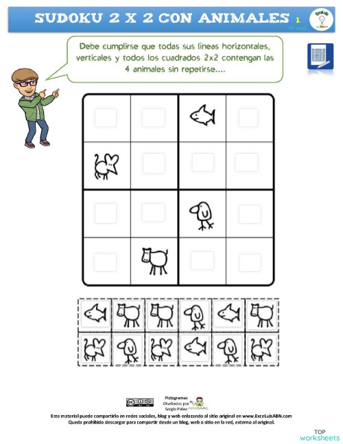 Sudoku 2x2 - animales 01. Ficha interactiva | TopWorksheets