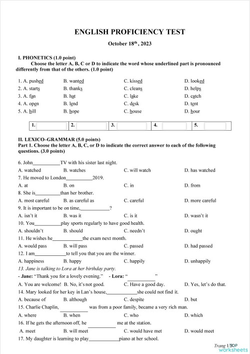 English Proficiency Test (Entrance). Interactive worksheet | TopWorksheets