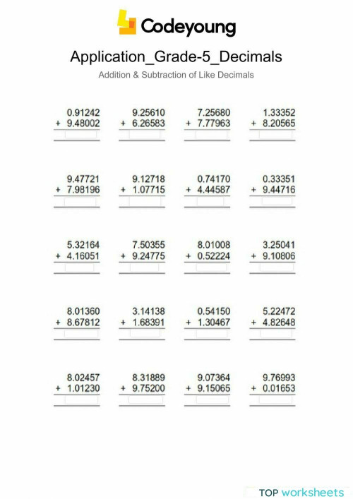 Application-Addition & Subtraction of Like Decimals. Interactive ...
