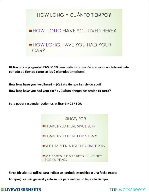 present perfect how long since for. Interactive worksheet | TopWorksheets