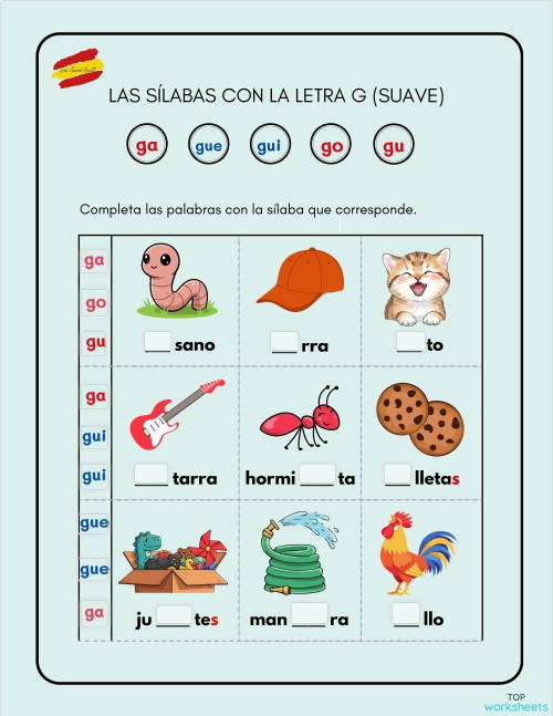 Las sílabas con la letra G suave. Ficha interactiva | TopWorksheets