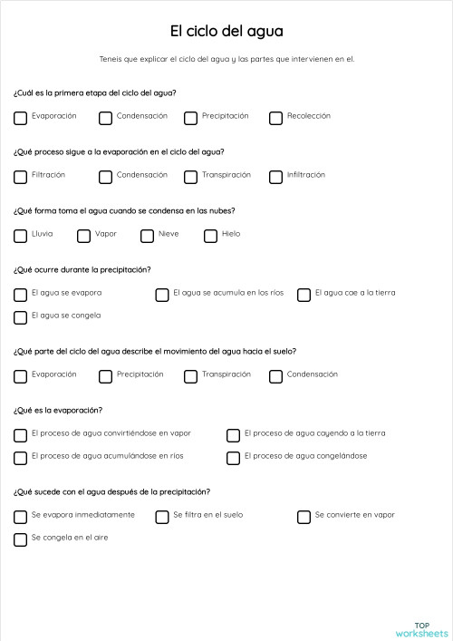 El ciclo del agua. Ficha interactiva | TopWorksheets