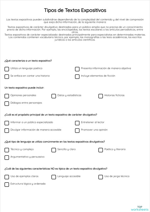 Tipos de Textos Expositivos. Ficha interactiva | TopWorksheets