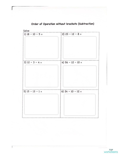 Order of Operation (Subtraction). Interactive worksheet | TopWorksheets