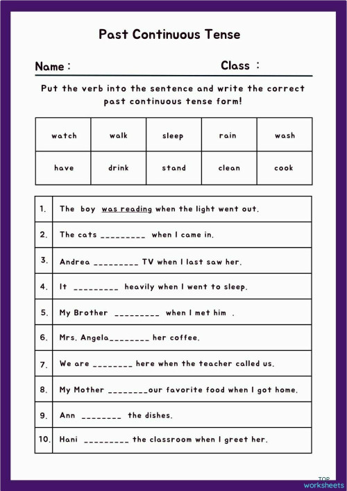 Purple White Simple Past Continuous Tense English Worksheet ...