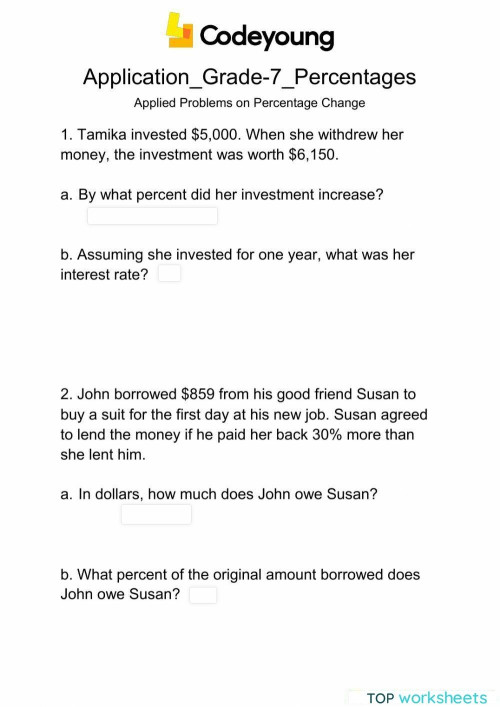 Applied Problems on Percentage Change Application. Interactive ...
