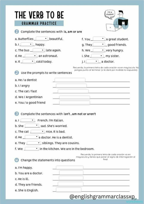 Gramática verbo to be. Ficha interactiva | TopWorksheets
