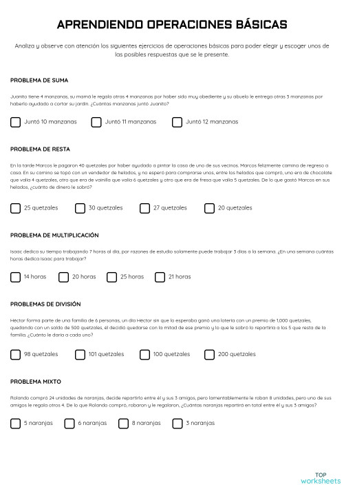 APRENDIENDO OPERACIONES BÁSICAS. Ficha interactiva | TopWorksheets