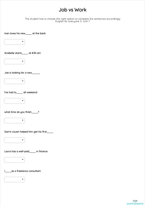 Job vs Work. Interactive worksheet | TopWorksheets
