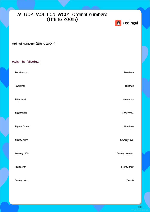 M_G02_M01_L05_WC01_Ordinal numbers (11th to 200th). Interactive worksheet | TopWorksheets