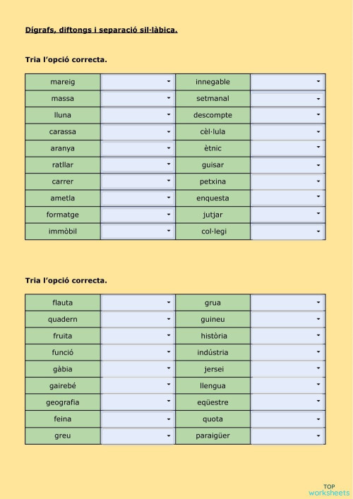 Dígrafs i diftongs: fitxes interactives i exercicis online | TopWorksheets Dígrafs i diftongs: fitxes interactives i exercicis online | TopWorksheets