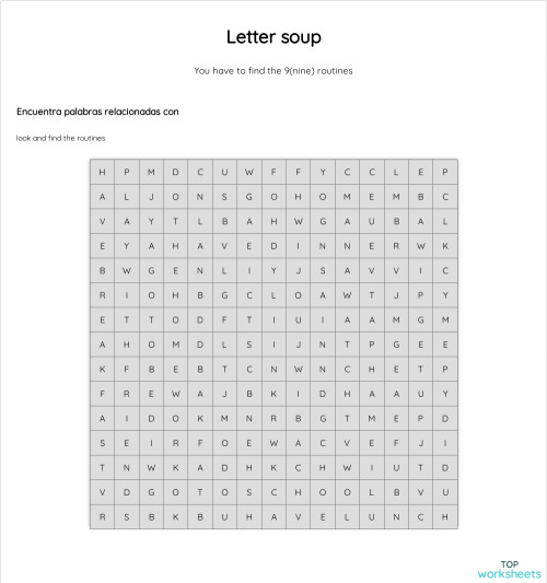 Daily Routines Letter soup. Interactive worksheet | TopWorksheets