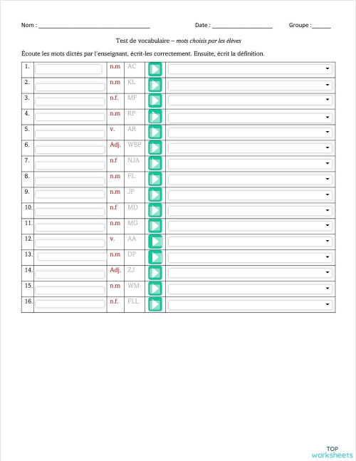 Écriture_Vocabulaire_mots choisis par élèves. Fiche interactive ...