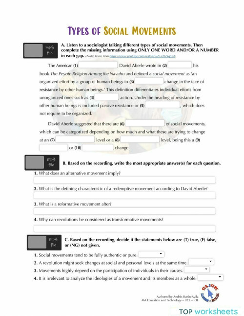 Listening Ex. - Types of Social Movements. Interactive worksheet ...