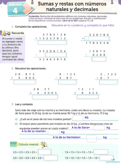 SUMA Y RESTA CON NÚMEROS DECIMALES. Ficha interactiva | TopWorksheets