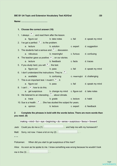BIE B1 U4 Topic and Extension Vocabulary Test. Interactive worksheet ...