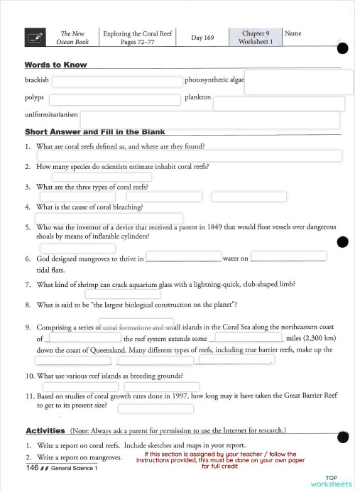 Chapter 9: Pg 146 Wk1 Exploring the Coral Reef. Interactive worksheet ...