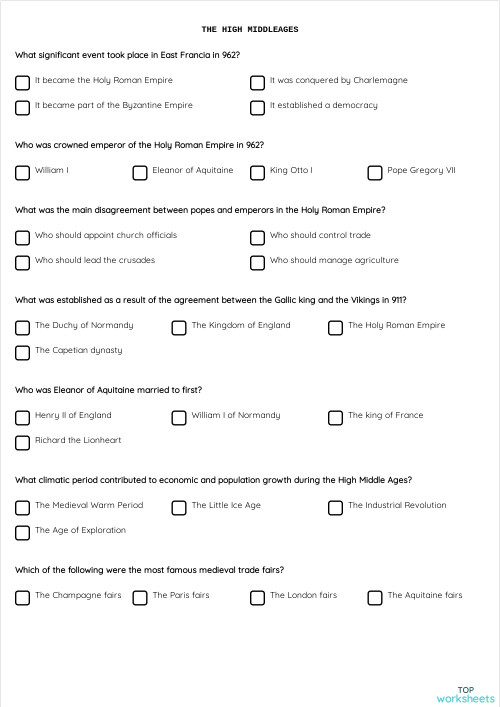 THE HIGH MIDDLE AGES. Interactive worksheet | TopWorksheets