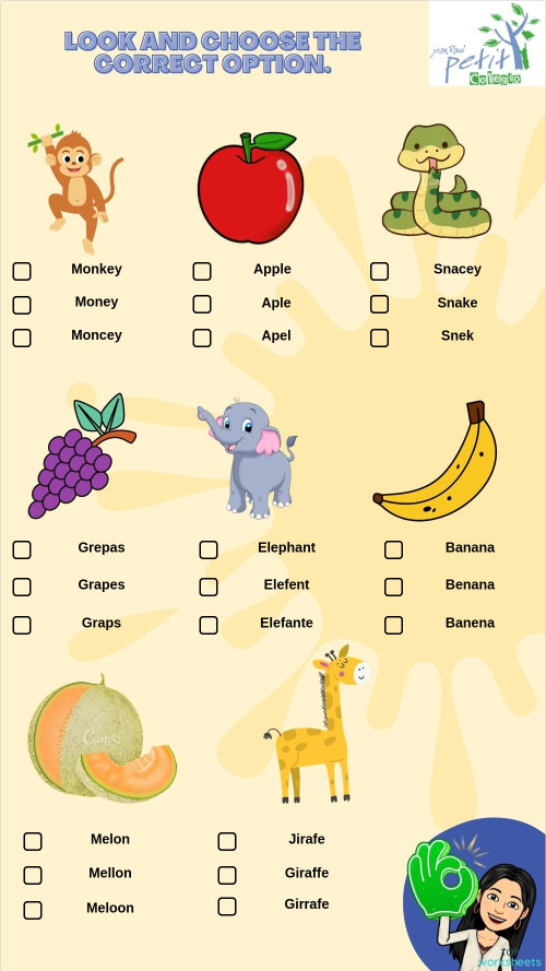 ANIMALS AND FRUITS WORKSHEET. Ficha interactiva | TopWorksheets