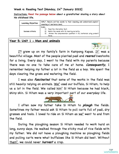 Year 5: Unit 1 - Man and animals. Interactive worksheet | TopWorksheets