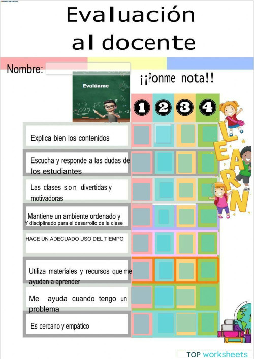 Evaluación al profesor. Ficha interactiva | TopWorksheets