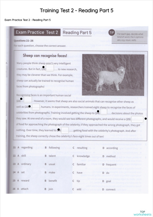 Training Test 2 - Reading Part 5. Interactive worksheet | TopWorksheets