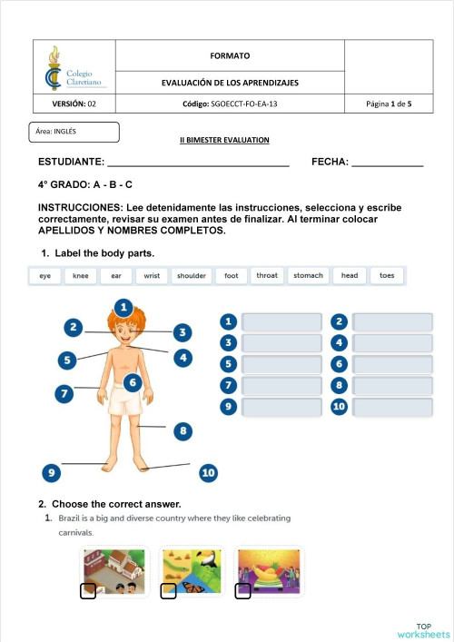 4th grade evaluation - II bimester. Interactive worksheet | TopWorksheets