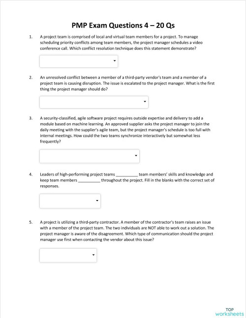 PMP Exam Questions 4 - 20 Qs ใบงานเชิงโต้ตอบ | TopWorksheets