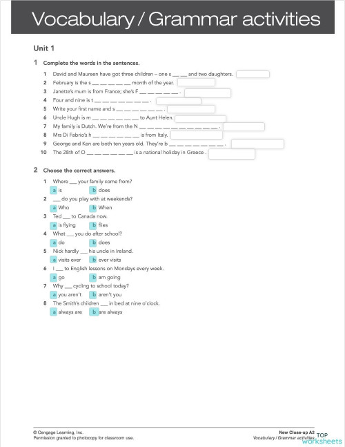 Close-Up A2 Vocab & Grammar Activities U1. Interactive worksheet ...