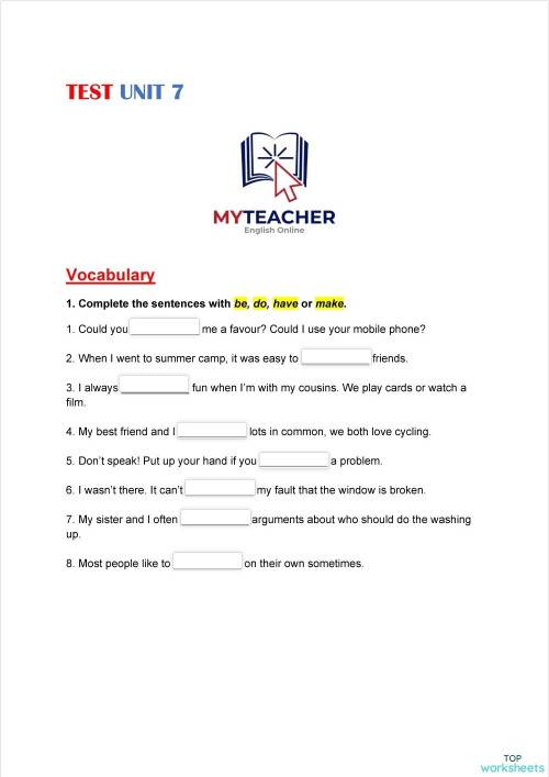 TEST UNIT 7. Interactive worksheet | TopWorksheets