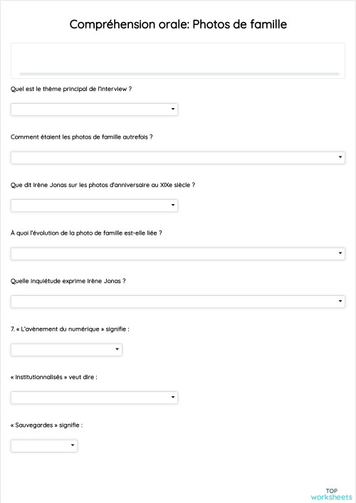 Compréhension orale: Photos de famille. Ficha interactiva | TopWorksheets