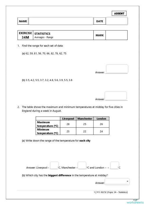 Averages Range. Interactive worksheet | TopWorksheets