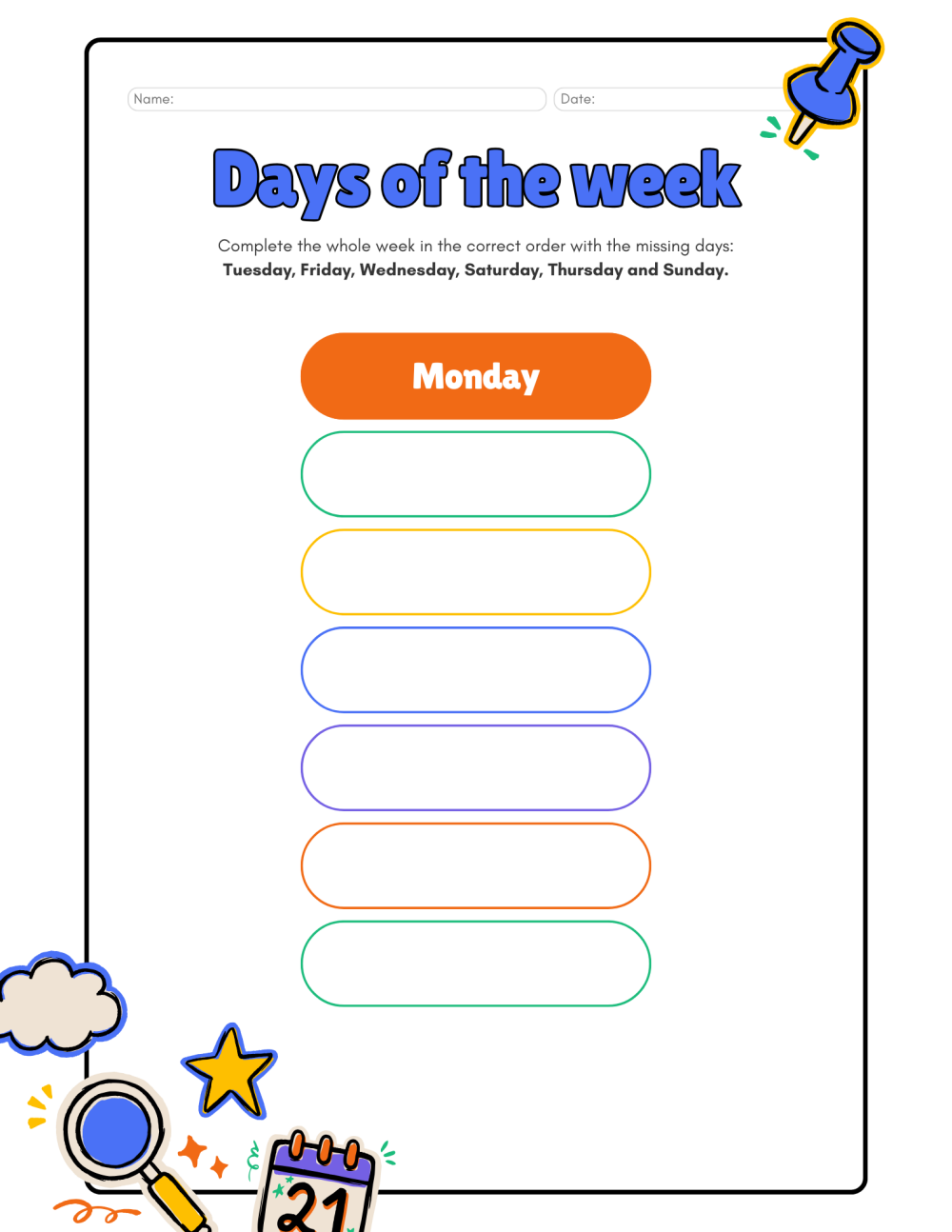 Days Of The Week Missing Days. Interactive worksheet | TopWorksheets