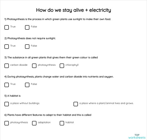 How do we stay alive + electricity. Interactive worksheet | TopWorksheets