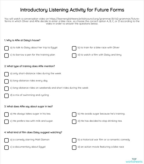 Introductory Listening Activity for Future Forms. Interactive worksheet ...