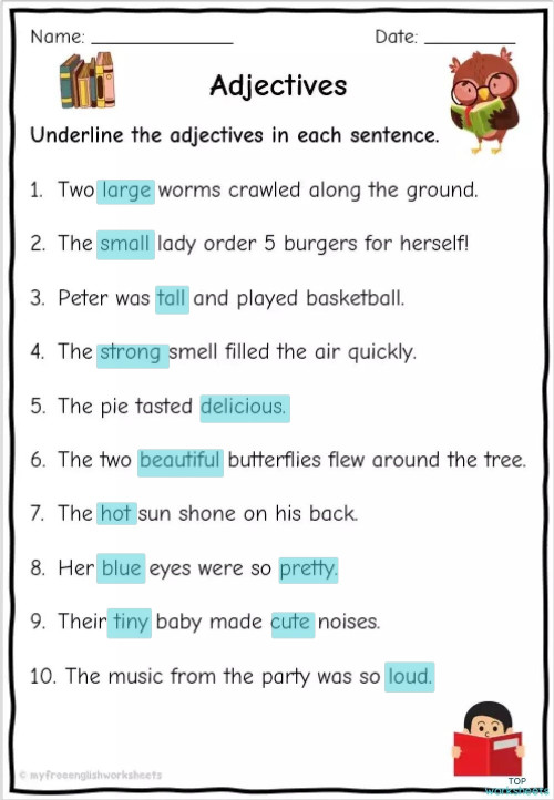 Underline - Adjectives. Interactive worksheet | TopWorksheets